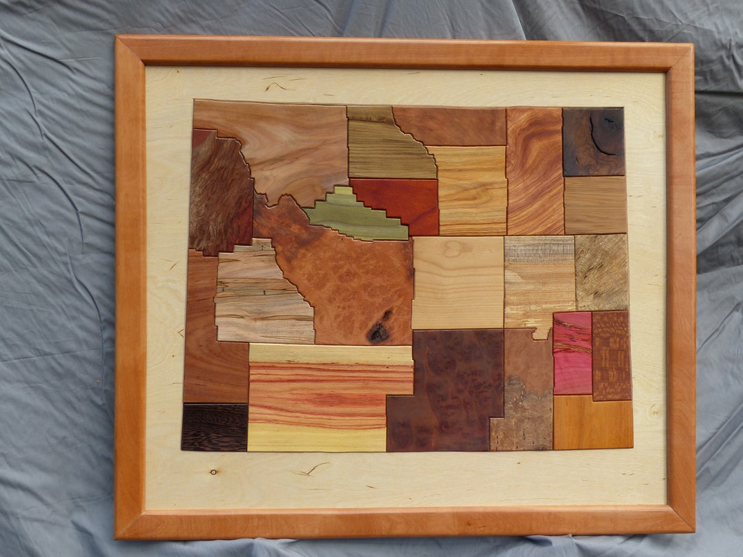 Wood map,Wyoming,art,home,office,hardwood,exotic wood,carving,wood ...
