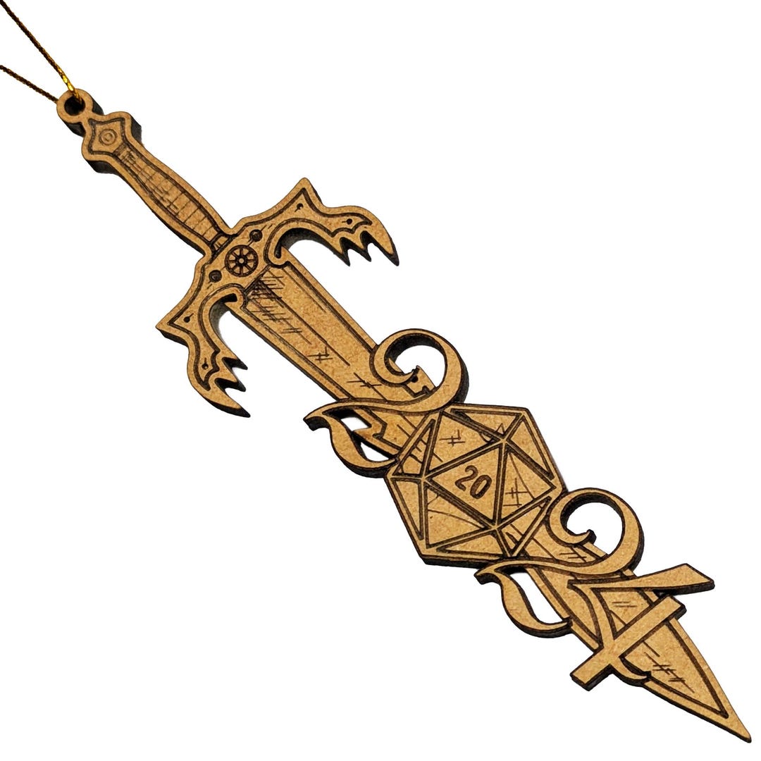 2025 D20 Sword Christmas Tree Holiday Ornament | 4.75" Small Wood, Gold ...