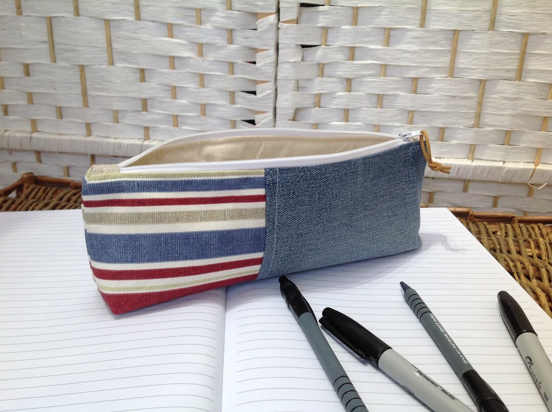 Pencil Case Recycled Denim and Fabric Pen / Pencil Holder - Etsy