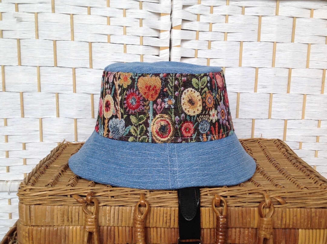 Floral Tapestry and Denim Bucket Hat, Up-cycled Jeans Hat, Recycled Denim Hat, Lined Hat, Casual ...