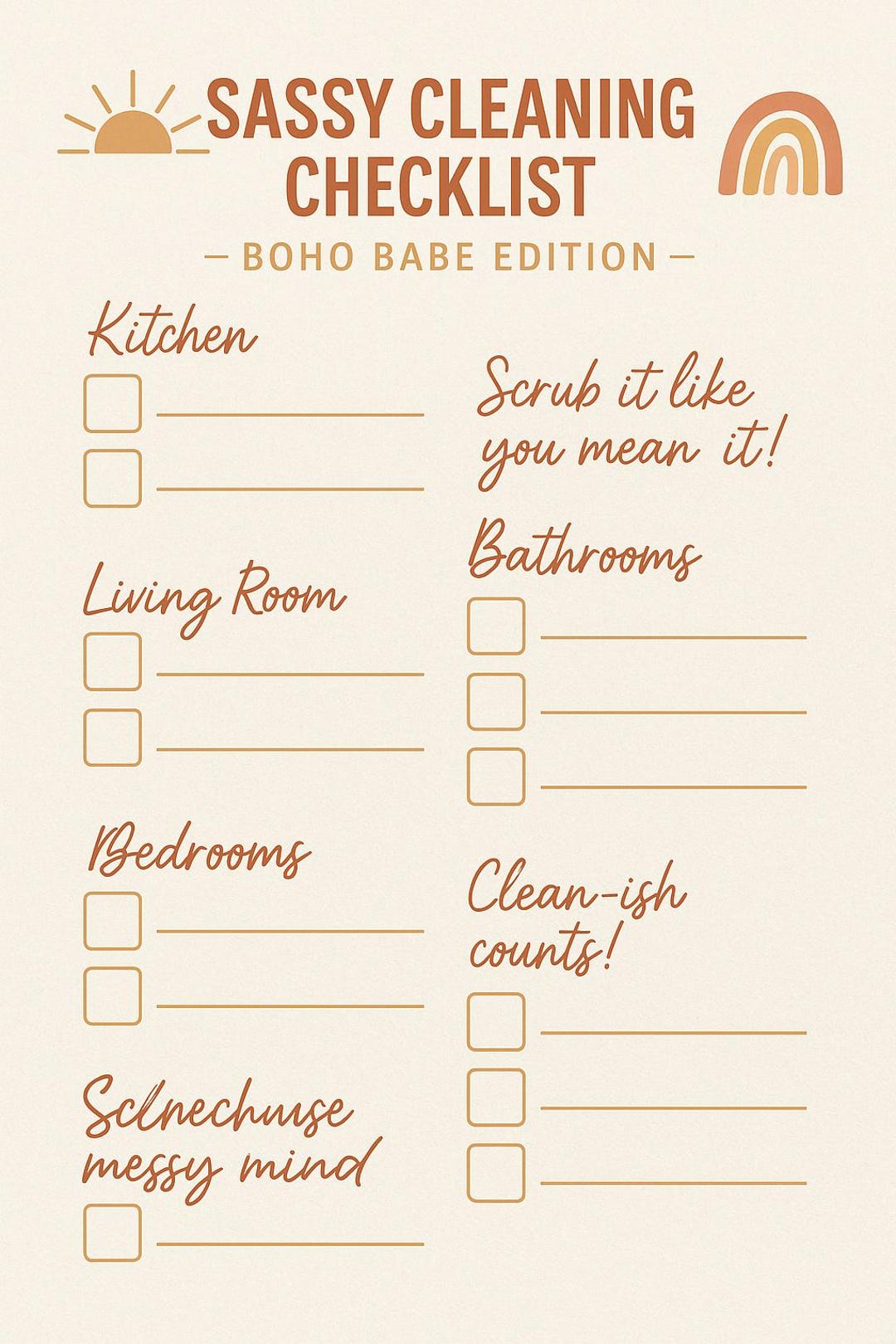 Sassy Cleaning Checklist – Boho Babe Edition | Printable Home Organizer ...