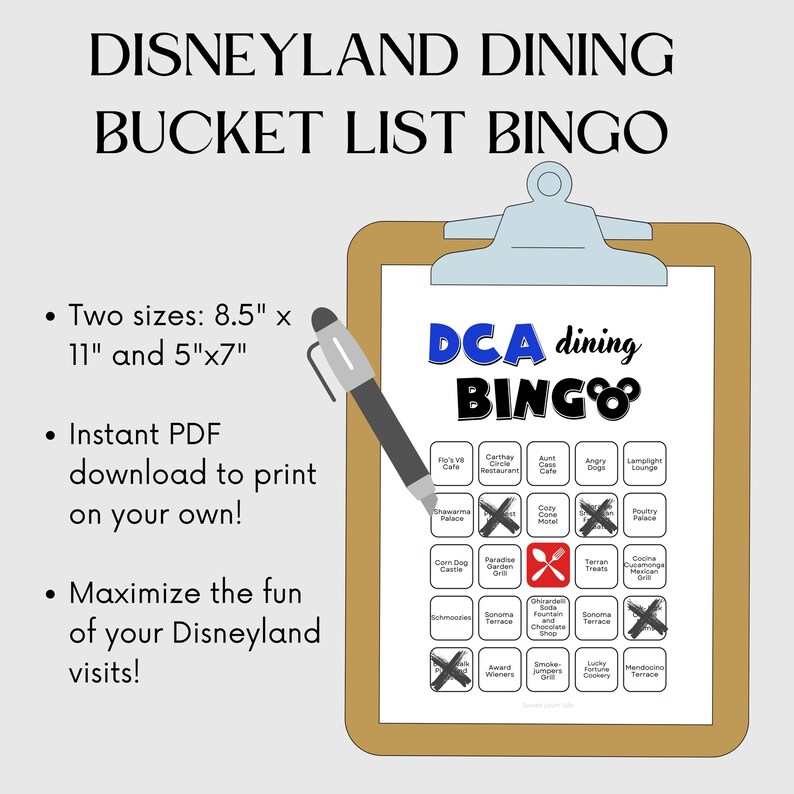 Disneyland Dining Bucket List Bingo - Etsy