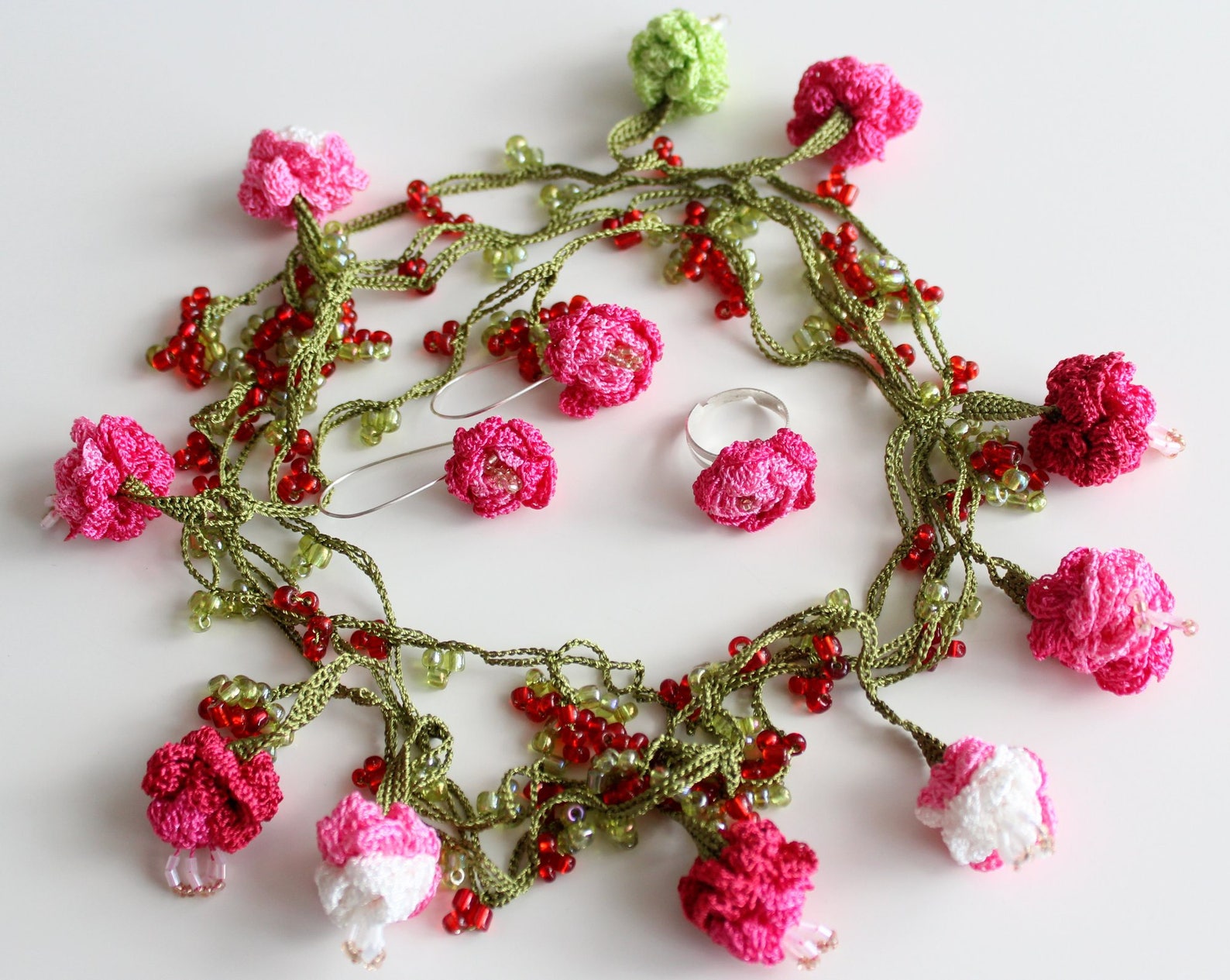 Rose Jewelry Set Pink Rose Set Bridal Set Crochet Jewelry - Etsy