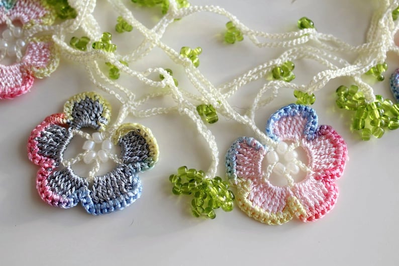 Oya Flower Crochet Green Beads Necklace Oya Apple Blossom - Etsy