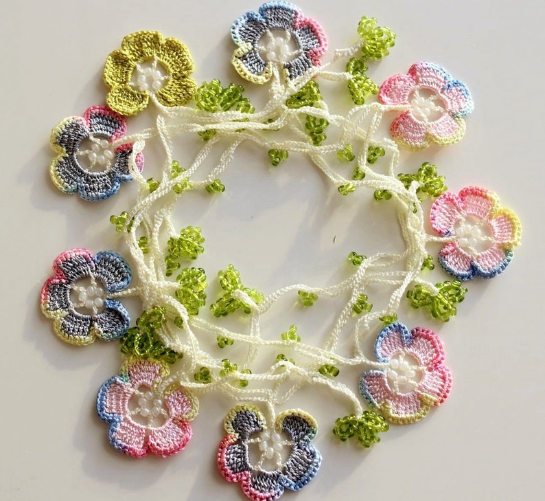 Oya Flower Crochet Green Beads Necklace Oya Apple Blossom - Etsy