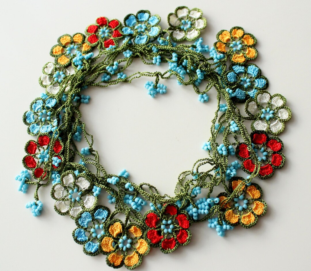 Flower Necklace, Crochet Jewelry, Crochet Chocker, Colorful Strand ...