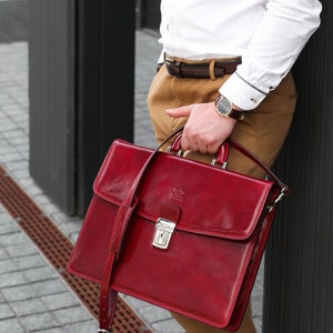 Red Leather Briefcase Messenger Bag Shoulder Bag Unisex - Etsy