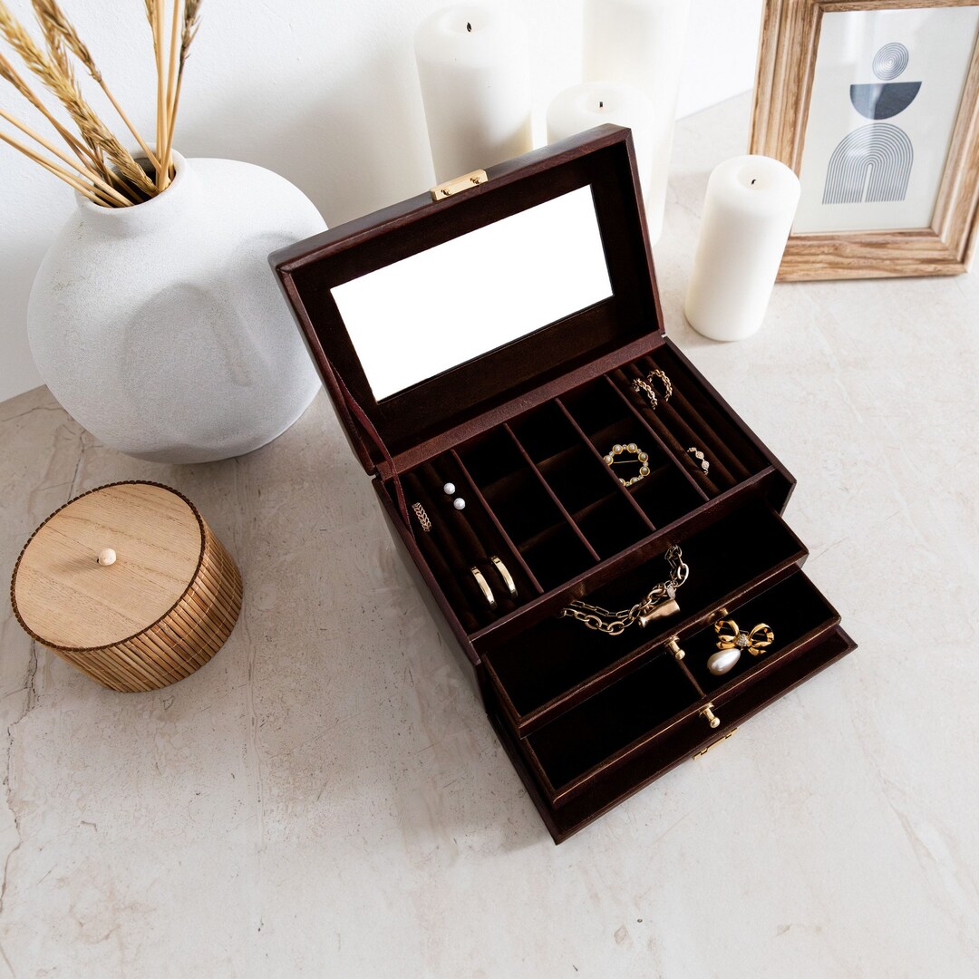 Brown Leather Jewelry Box, Personalised Jewellery Case, Genuine Leather ...