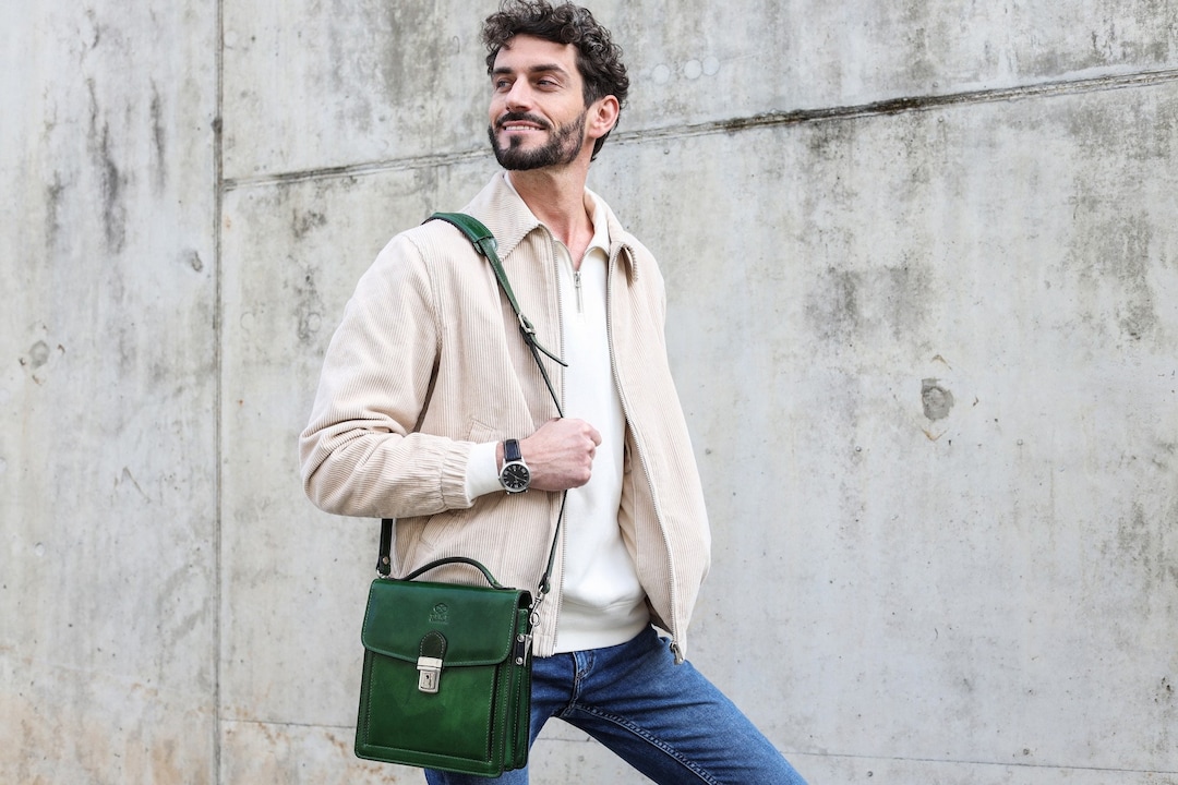 Small Green Leather Briefcase for Men, Full Grain Leather Handbag, Men ...