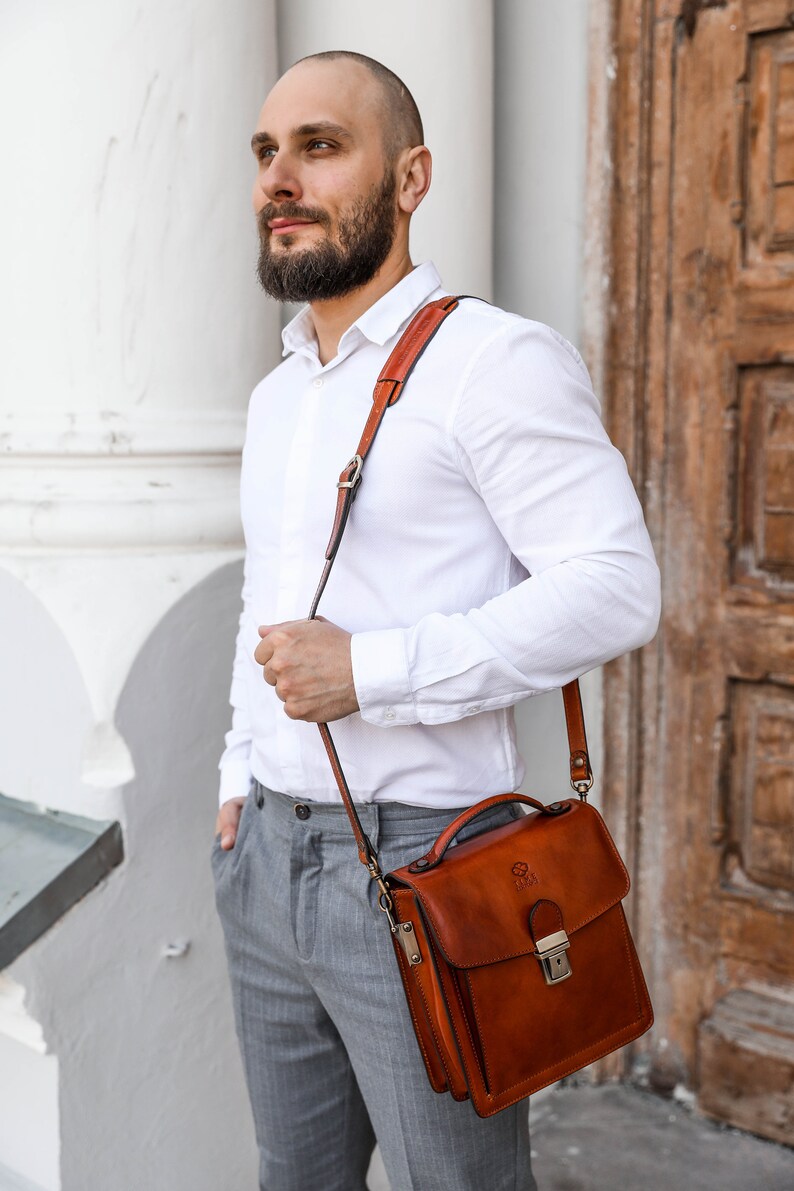 Small Leather Briefcase for Men Full Grain Leather Handbag - Etsy