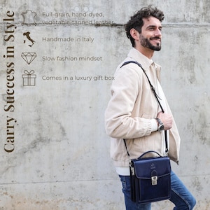 Small Blue Leather Briefcase for Men, Full Grain Leather Handbag, Men ...