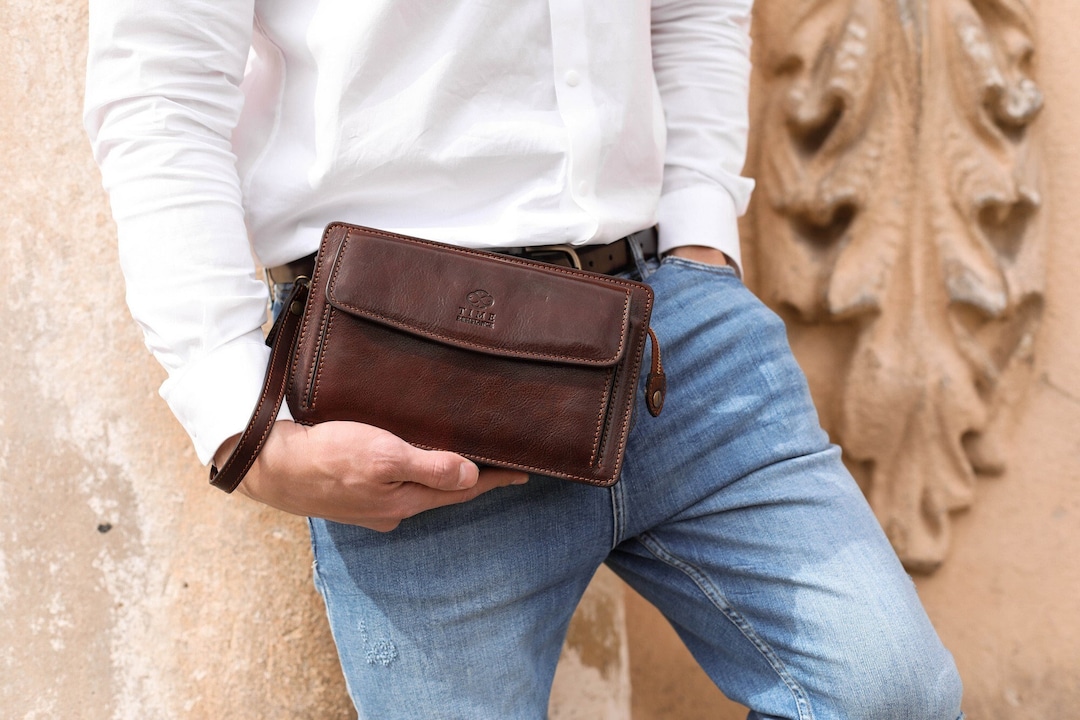 Brown Leather Clutch for Men, Mens Organizer, Full Grain Leather Wrist ...