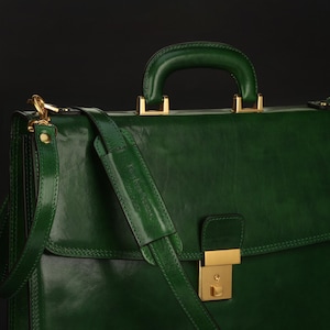 Green Leather Briefcase, Unisex Leather Handle Bag, Messenger Bag ...