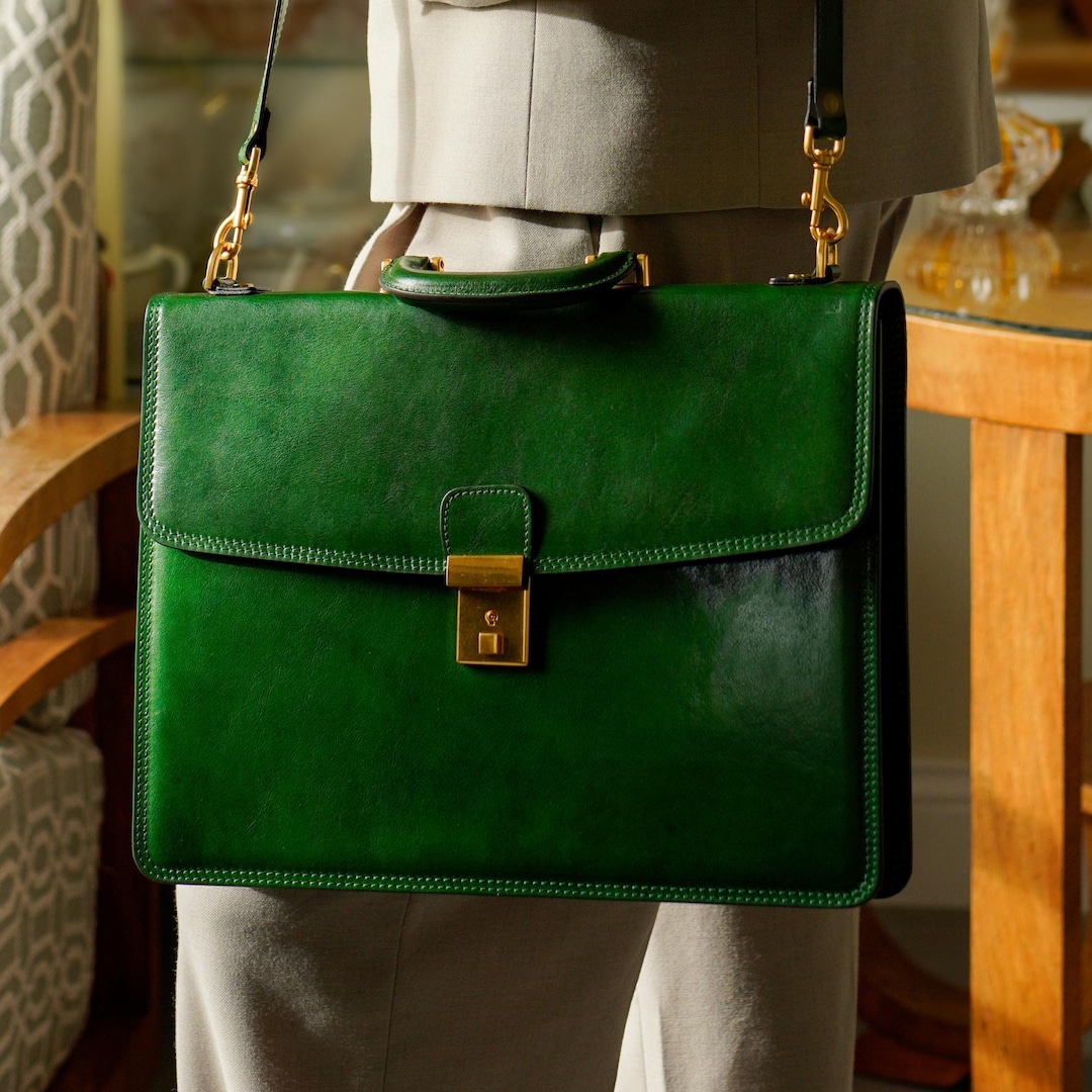 Green Leather Briefcase, Unisex Leather Handle Bag, Messenger Bag ...