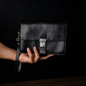 Black Leather Clutch for Men, Mens Organizer, Genuine Leather Wrist Bag ...