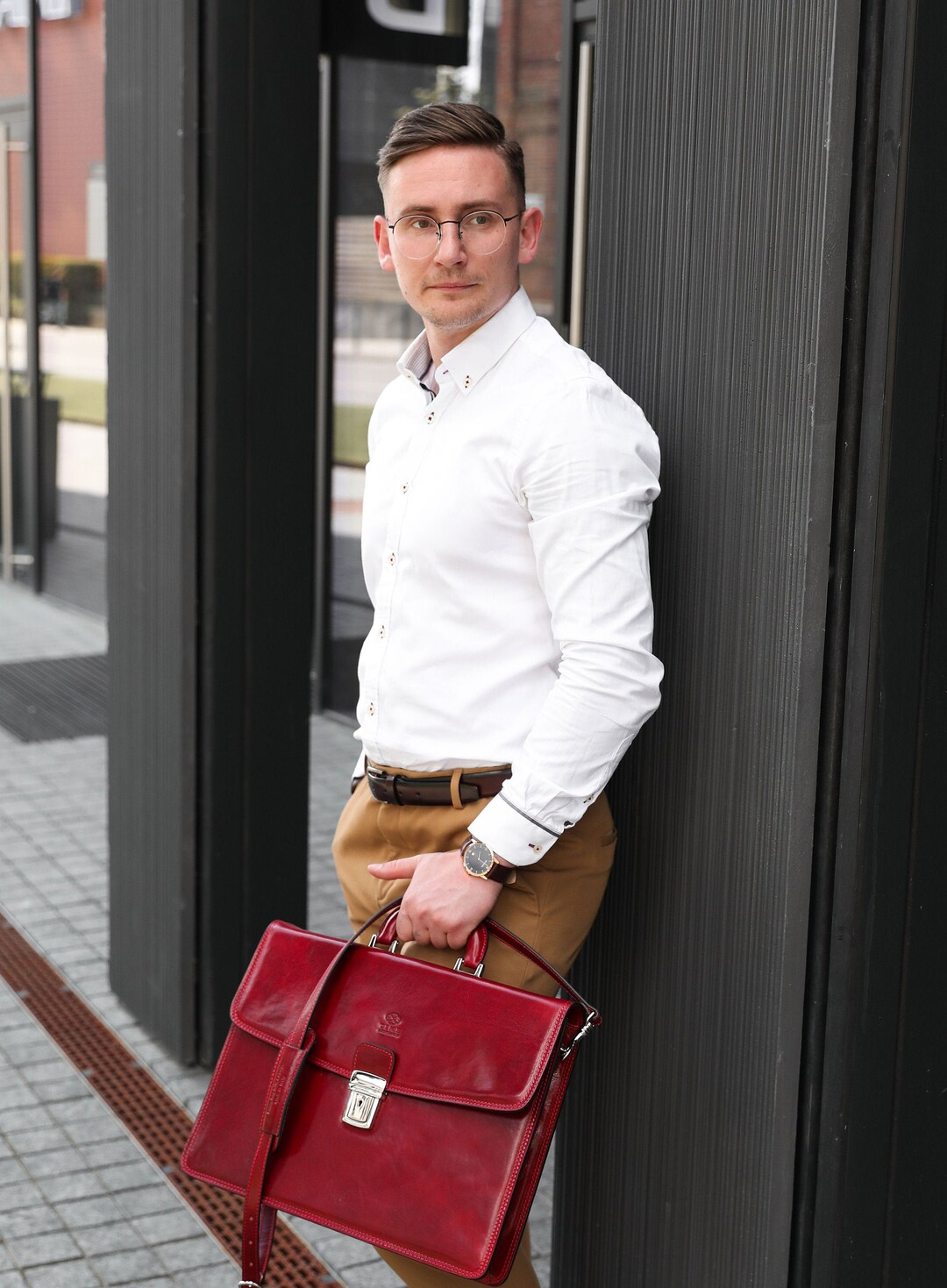 Red Leather Briefcase Messenger Bag Shoulder Bag Unisex - Etsy