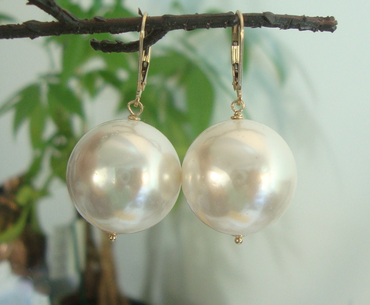 14K Gold Filled Elegant Big Round Drop Shell Pearl Earring | Etsy