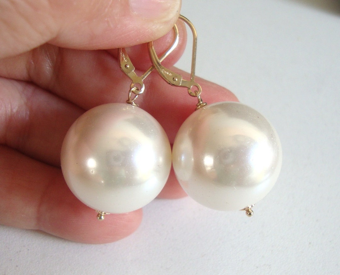 14K Gold Filled Elegant Big Round Drop Shell Pearl Earring, Lever Back ...