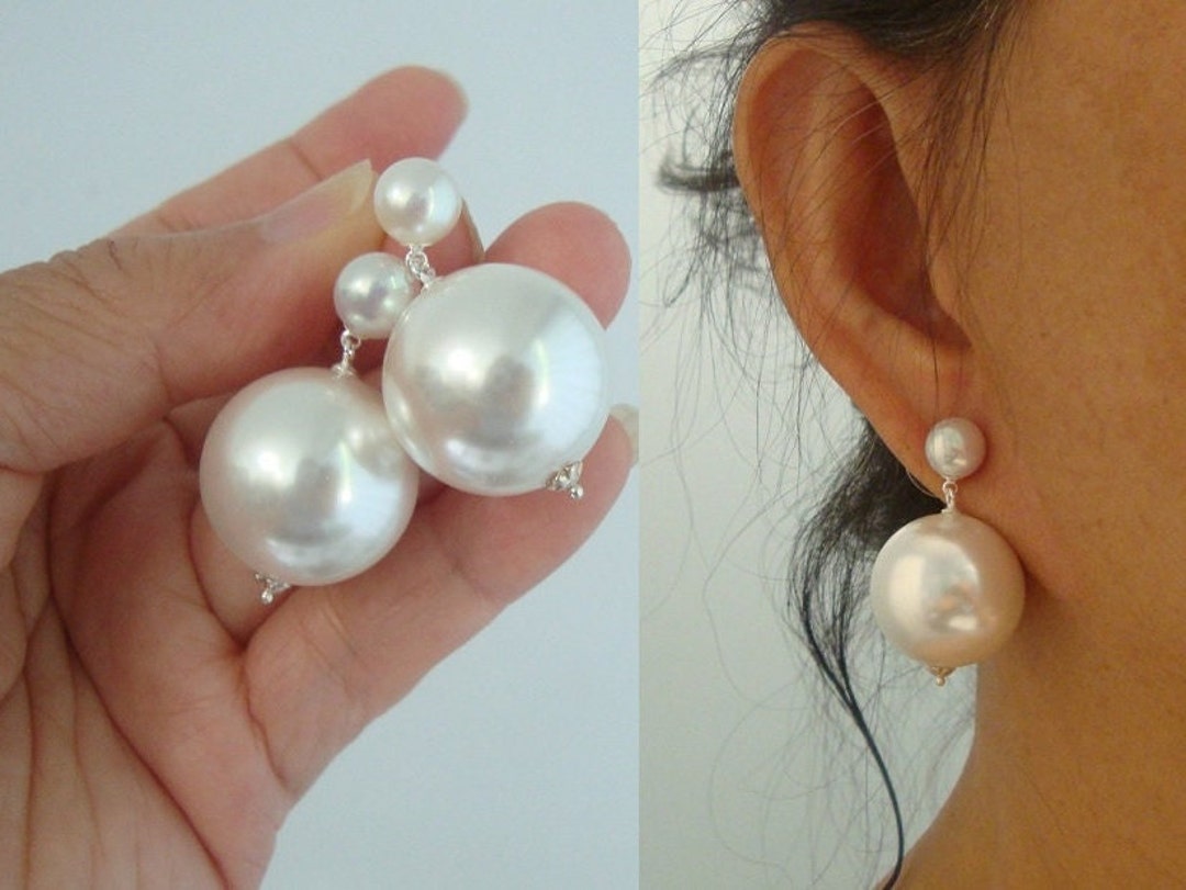 14K Gold, Sterling Silver Elegant Big Round Drop Shell Pearl Earring ...