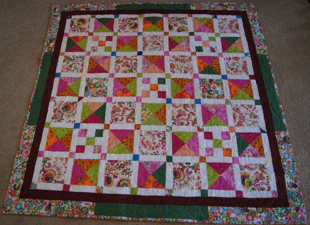 Whimsical and Bold Mixed Square Design LAP or BABY QUILT Pink & Multi ...