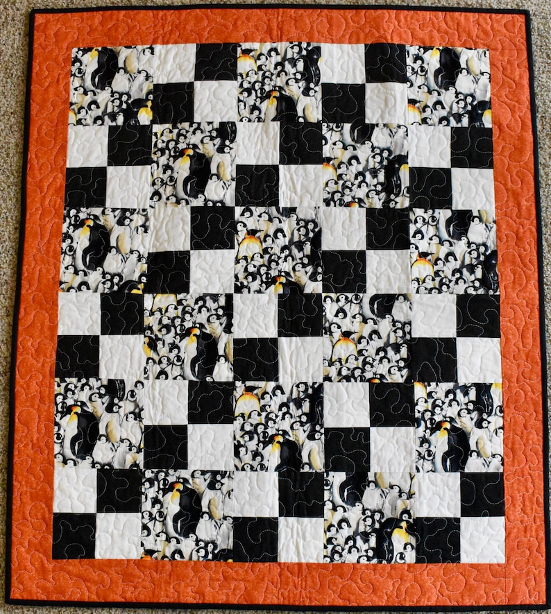 Penguin Square Design - BABY QUILT – Black, White & Orange - Etsy