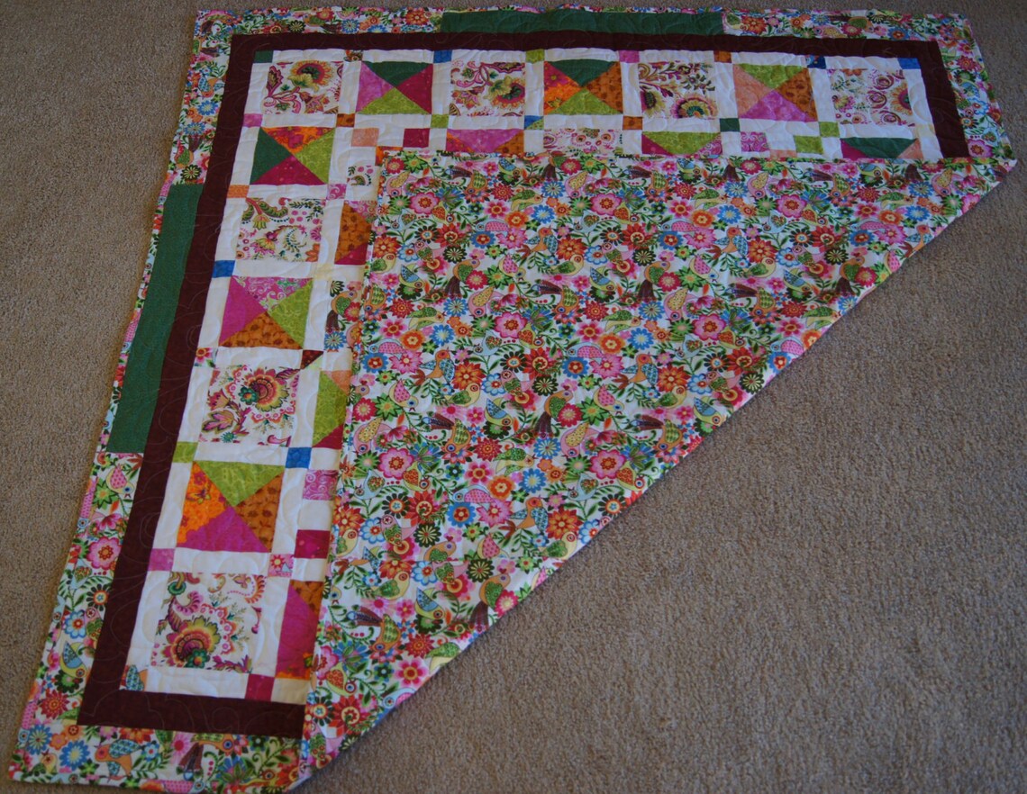 Whimsical and Bold Mixed Square Design LAP or BABY QUILT Pink & Multi ...