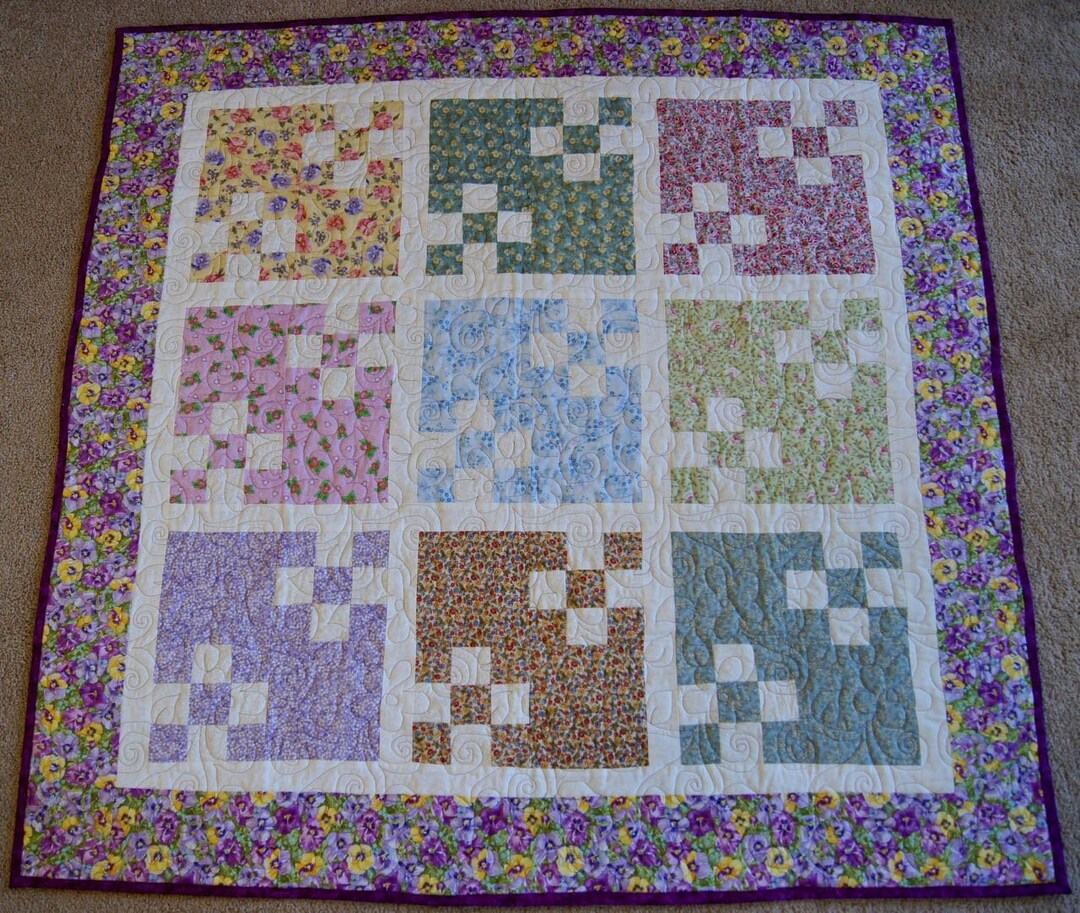 Nine Patch Square Design – LAP or BABY QUILT – Purple and Pastels - Etsy