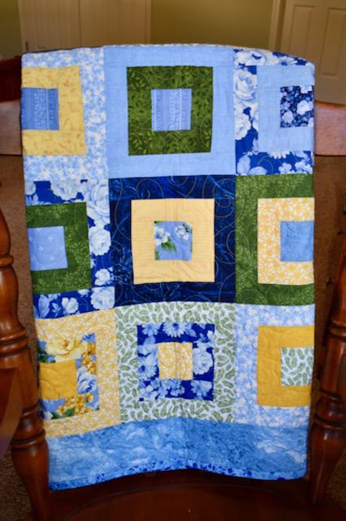 Scrappy Squares With Holes Design – LAP QUILT – Blue, Green & Yellow - Etsy