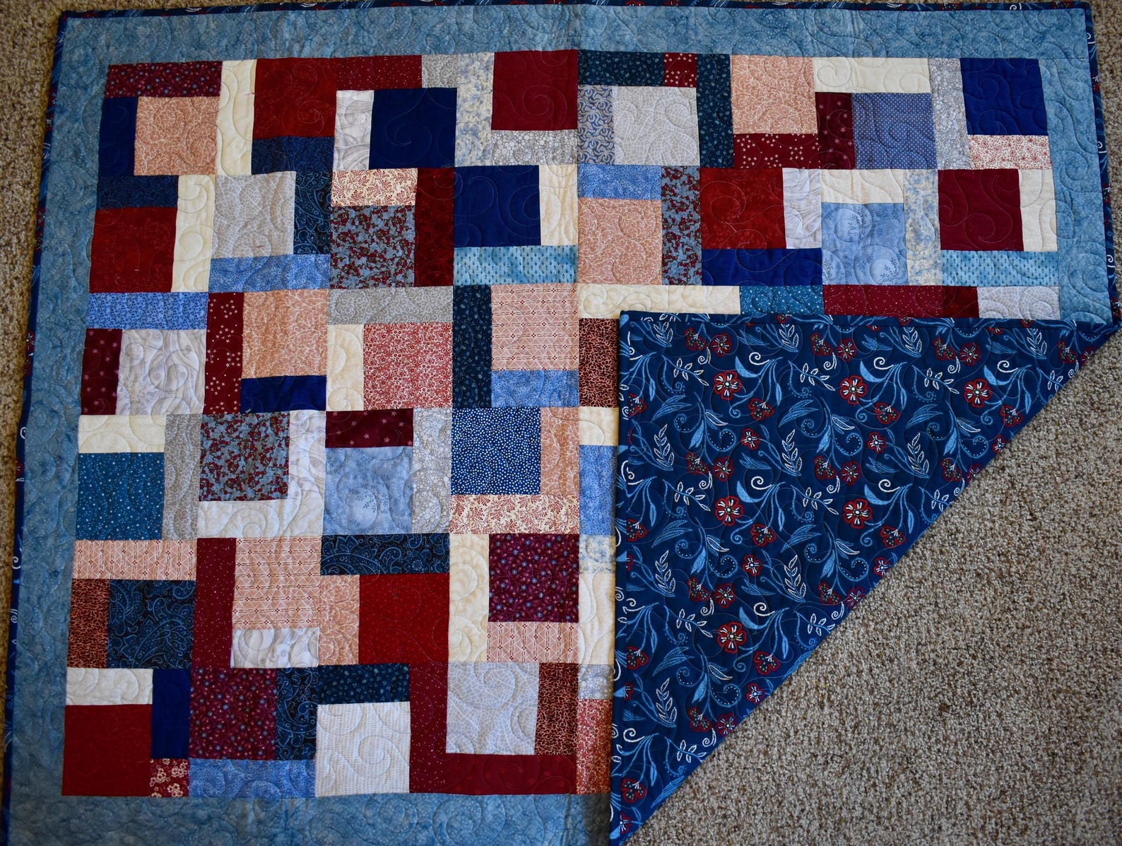 Scrappy Square Design – LAP QUILT – Blue, Grey & Red - Etsy