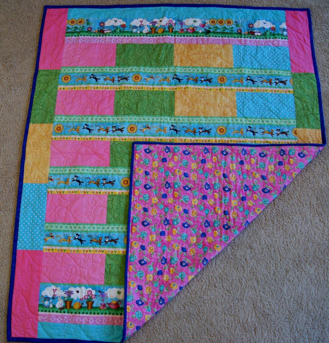 Rectangles With Spring Garden and Animal - BABY QUILT – Pink and Blue ...