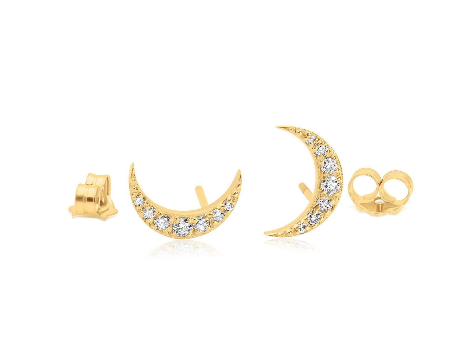 Diamond Moon Earrings, 14k Gold Crescent Moon Studs, Dainty Celestial ...