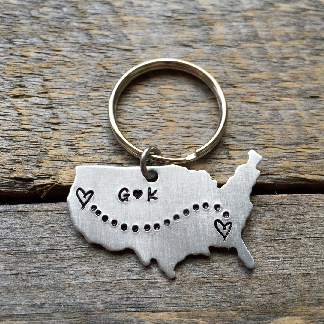 Custom Initials USA State Keychain Any State US Hand Stamped Gift Long ...