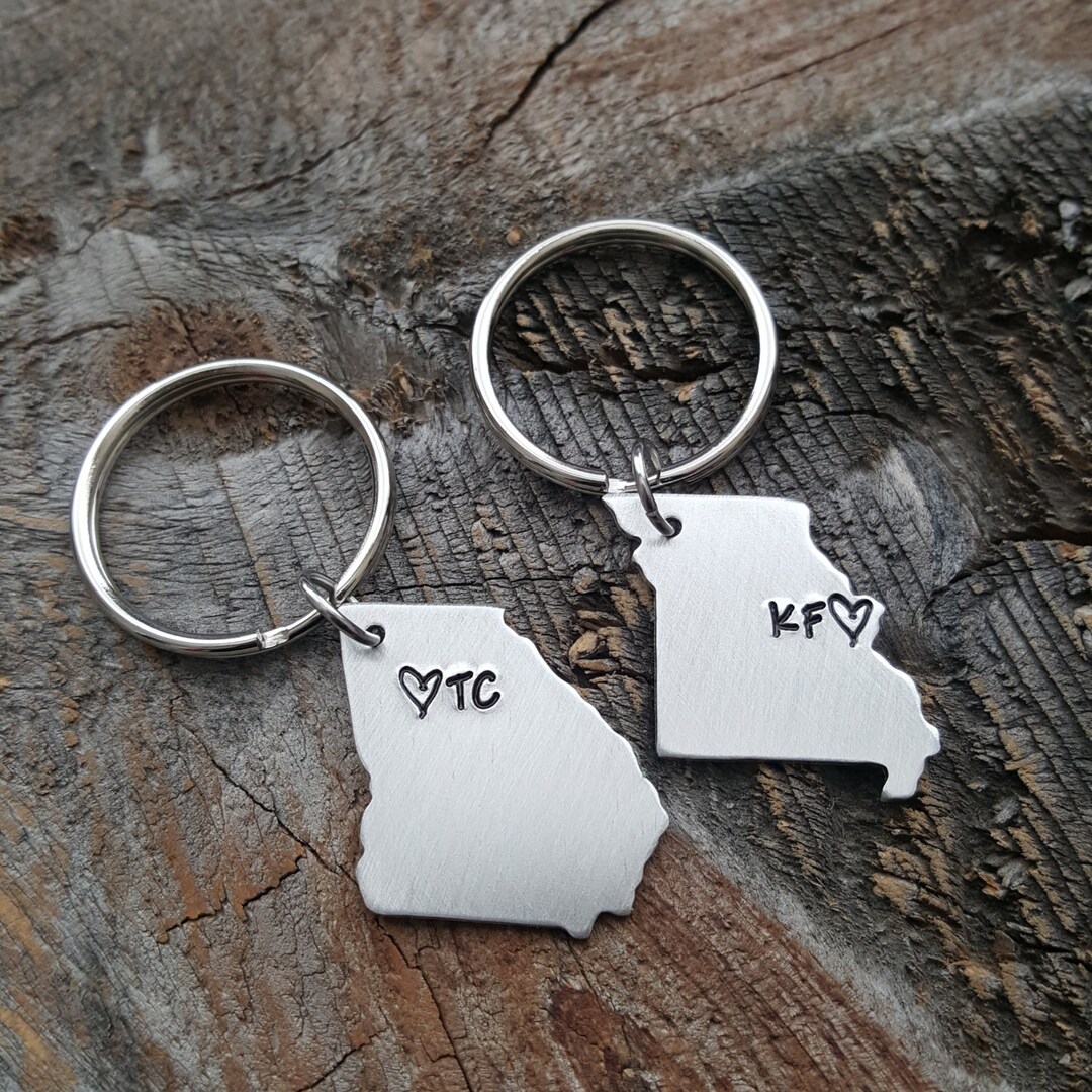 Initial State Keychain Hand Stamped Home Keychain Gift Long Distance ...