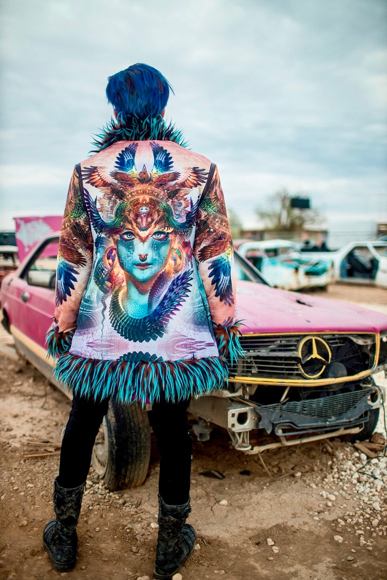 Dharma Dragon Android Jones Fur Coat | Burning Man Fitted Coat | Playa ...