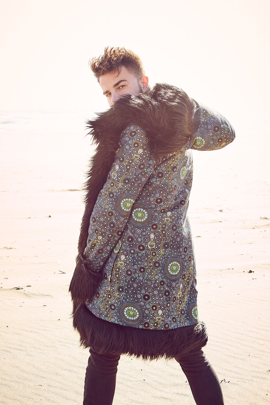 Black Wolf Faux Fur Coat for Men | Reversible Festival Jacket - Etsy