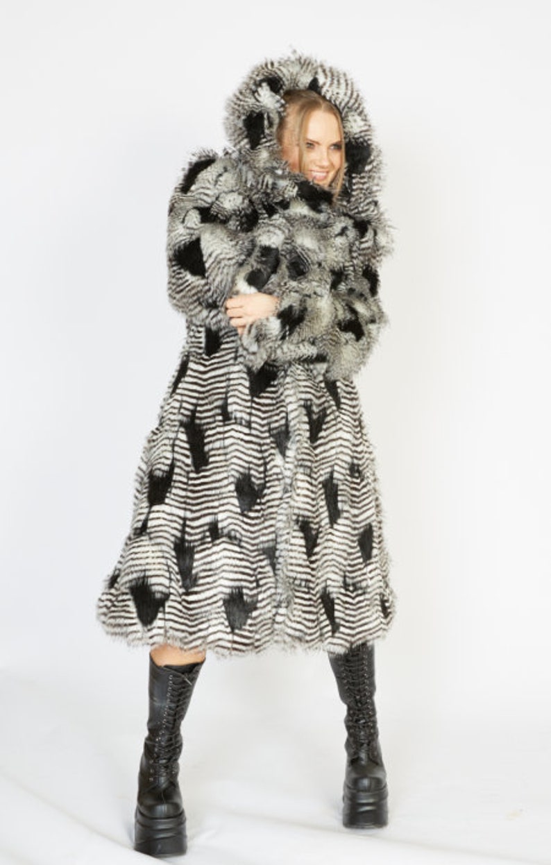 Black and White Falcon Reversible Faux Fur Coat | Burning Man Playa ...