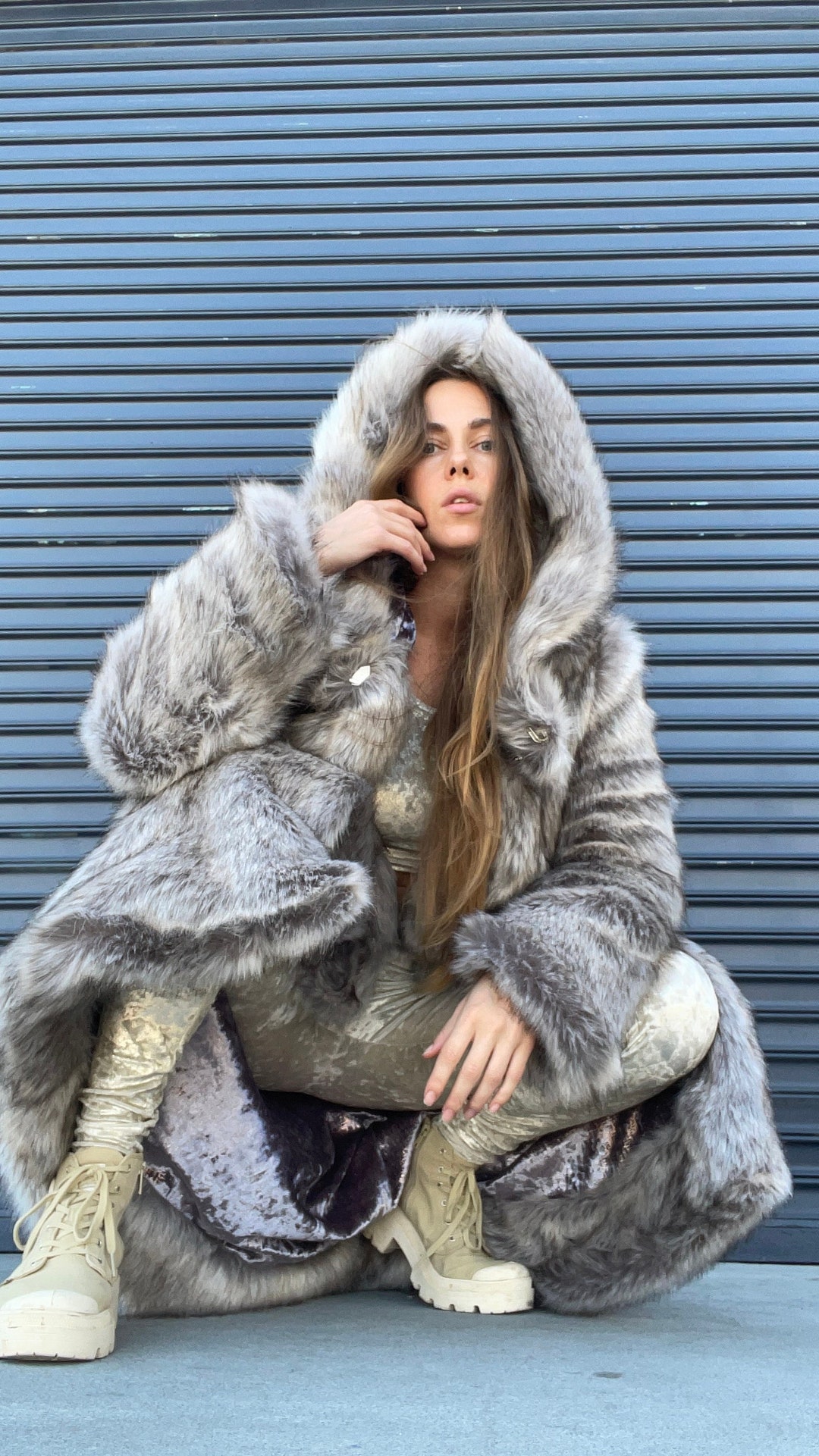 Moonlight Empress Long Flared Coat | Burning Man Faux Fur Jacket ...