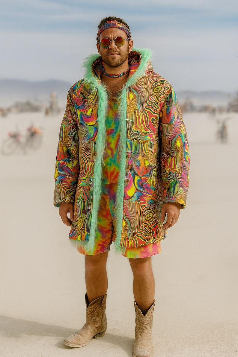 KALEIDO MINT Reversible Faux Fur Festival Coat | Psychedelic Mint Fur ...