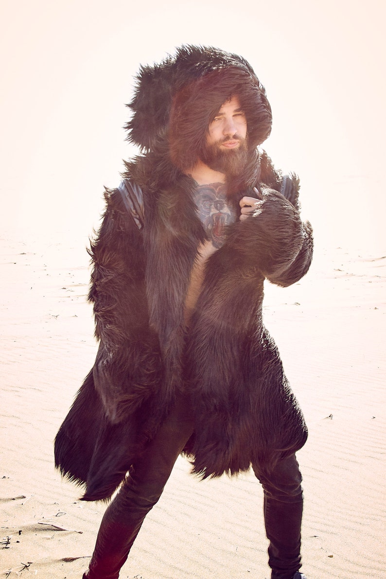 Black Wolf Faux Fur Coat for Men | Reversible Festival Jacket - Etsy