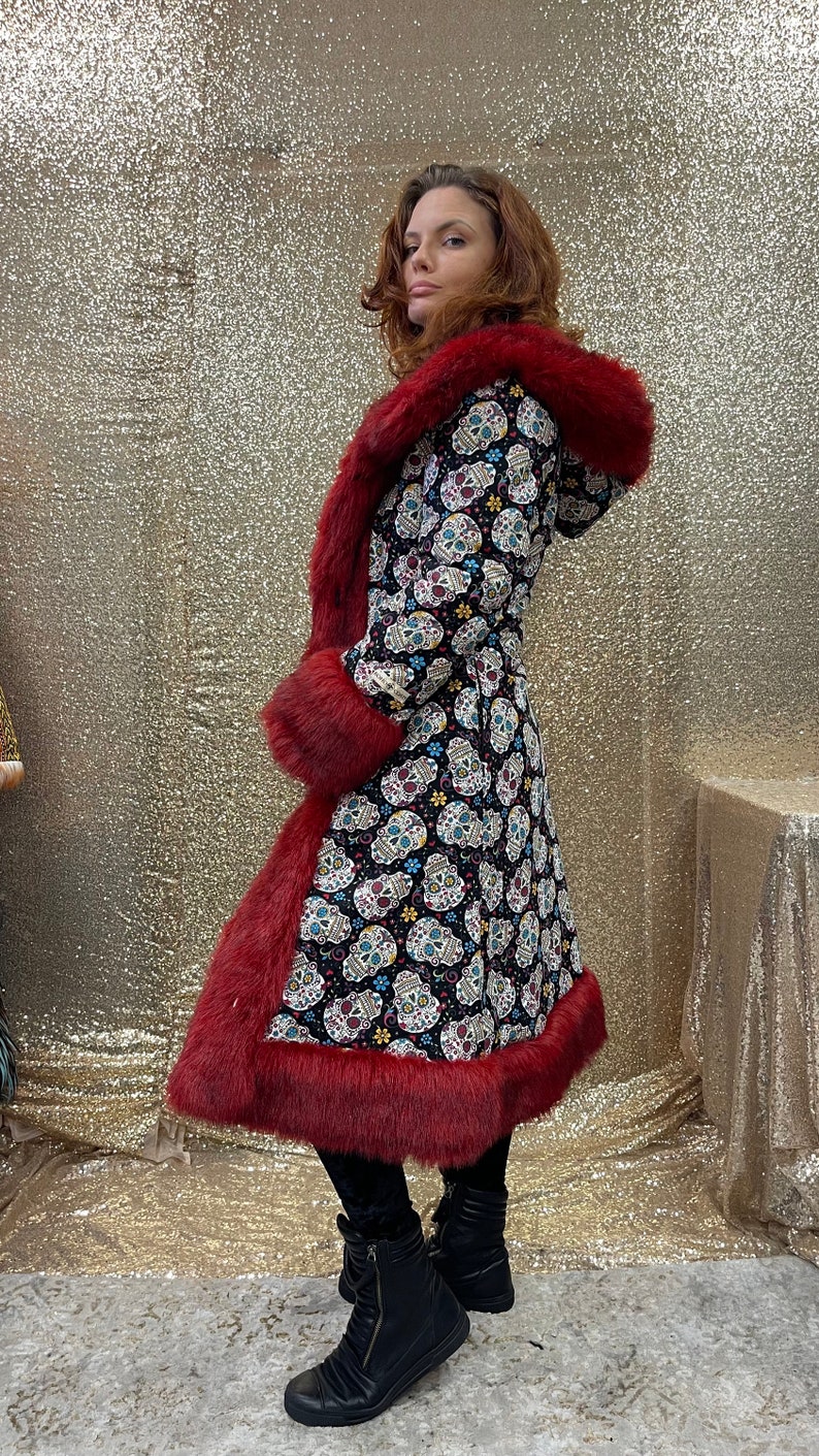 Ruby Ruler of Aztlán Fur Coat | Burning Man | Playa Jacket | Women's Costume | Faux Fur Coat for ...