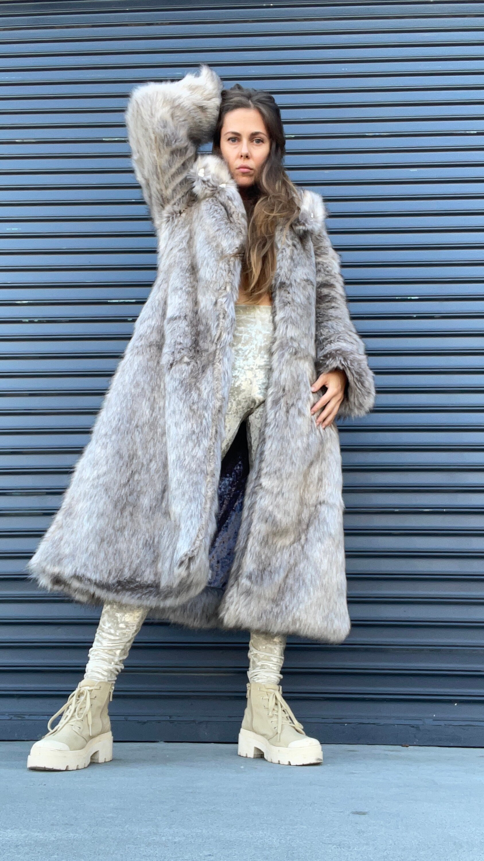 Moonlight Empress Long Flared Coat | Burning Man Faux Fur Jacket ...