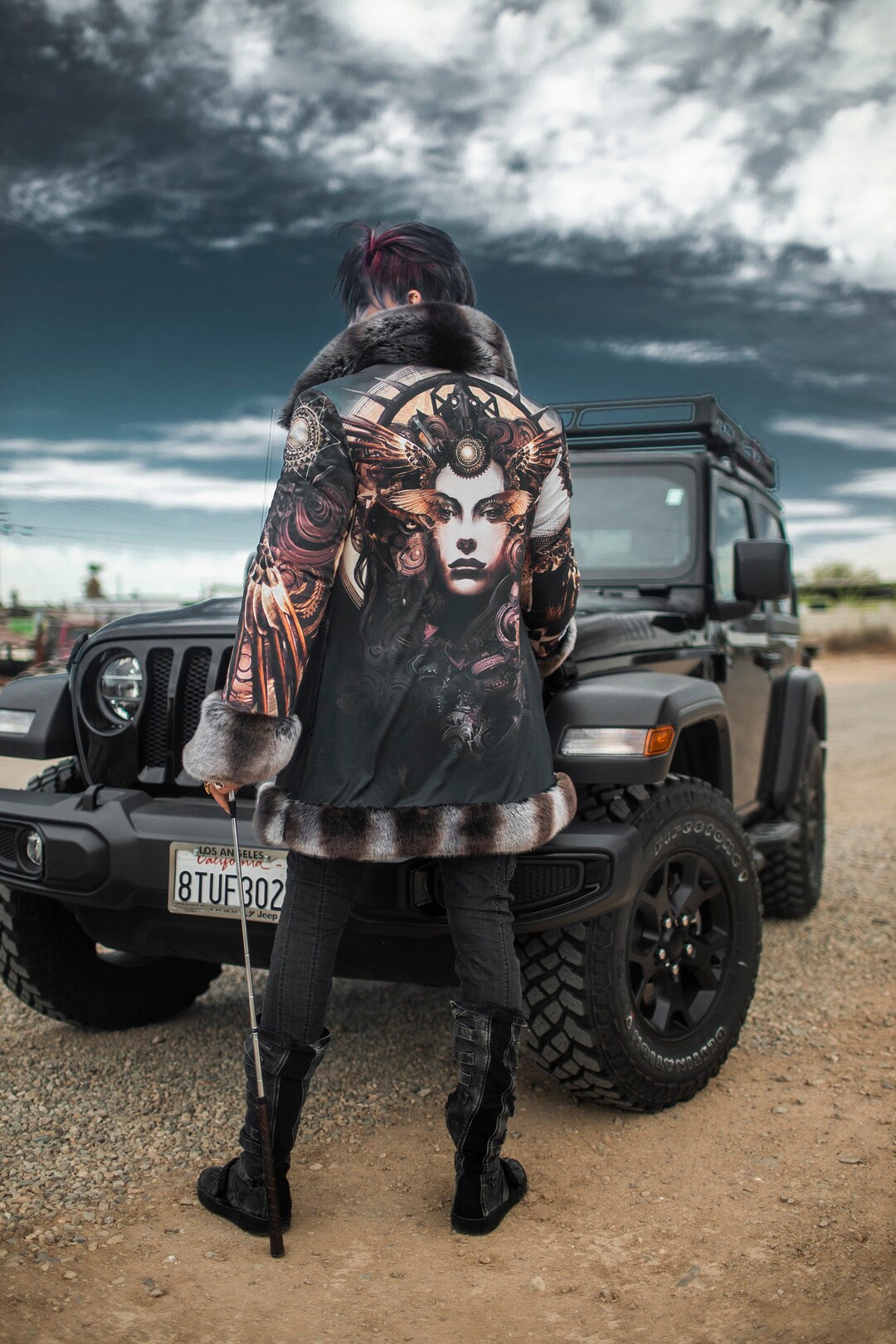 NIGHTFALL NOMAD Faux Fur Coat | Android Jones | Burning Man Fitted Coat ...