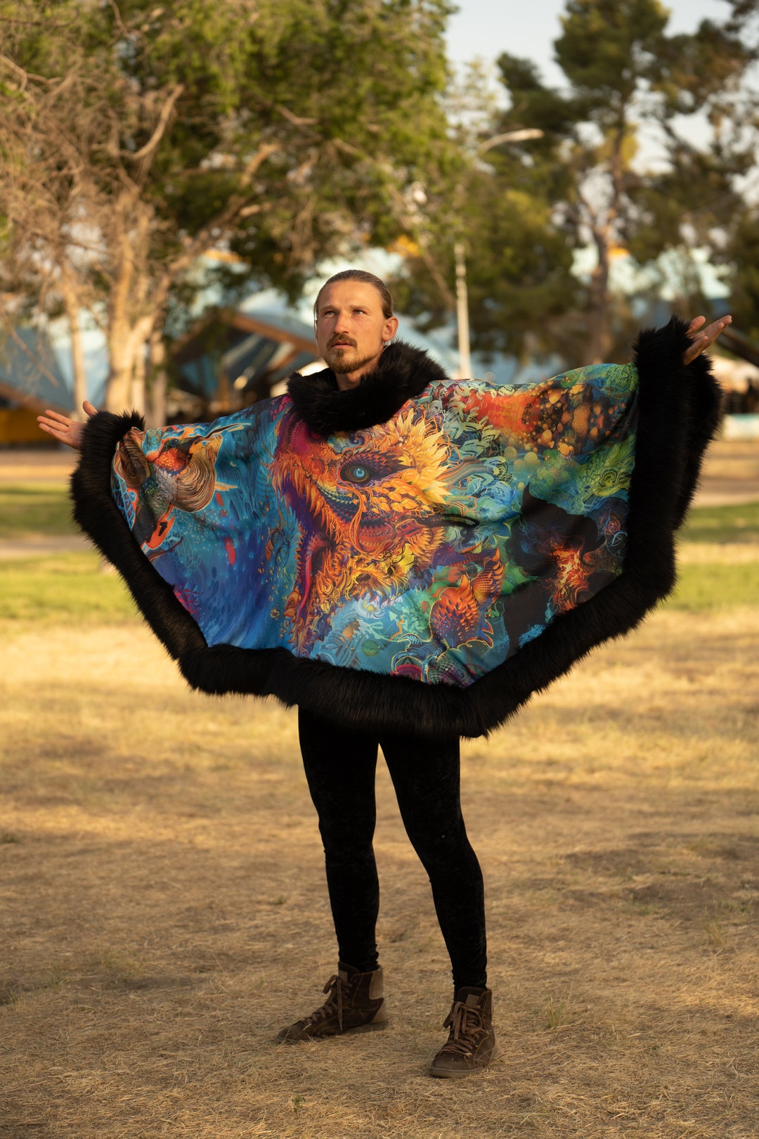 HUMMING DRAGON Faux Fur Poncho | Android Jones | Burning Man | Playa ...