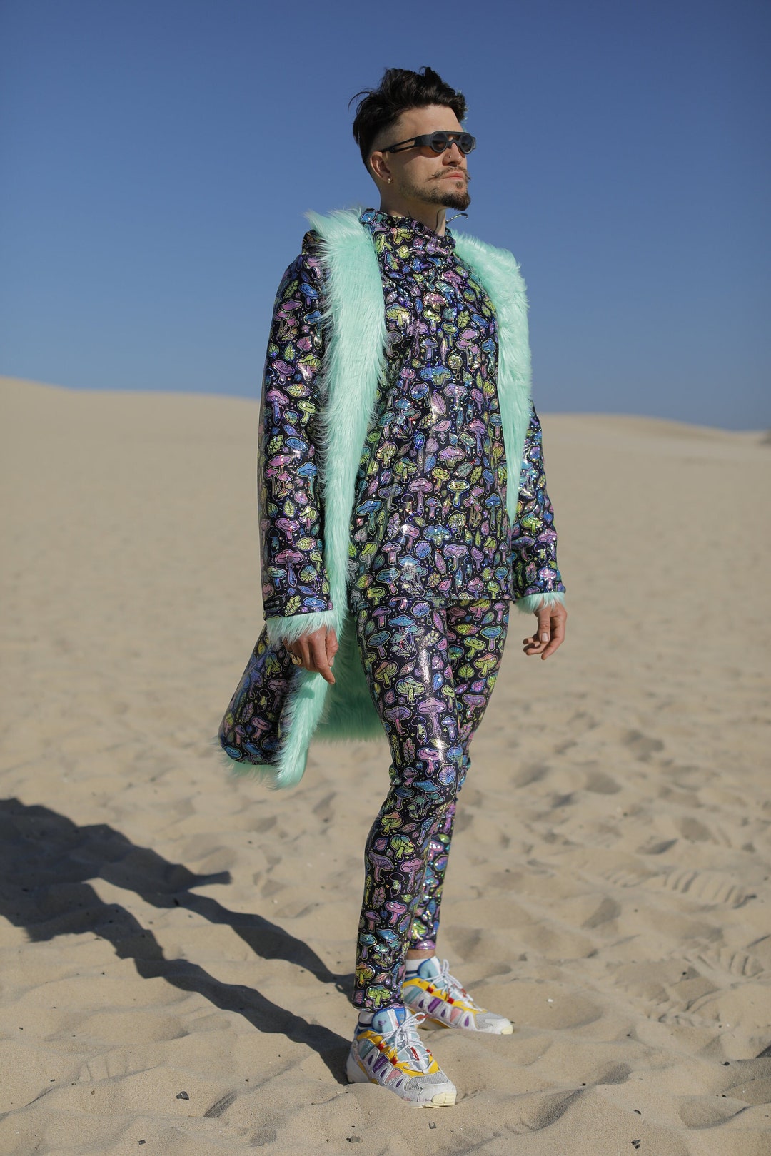 MUSHROOMS MASTER Faux Fur Coat | Reversible Holographic Spandex Coat ...