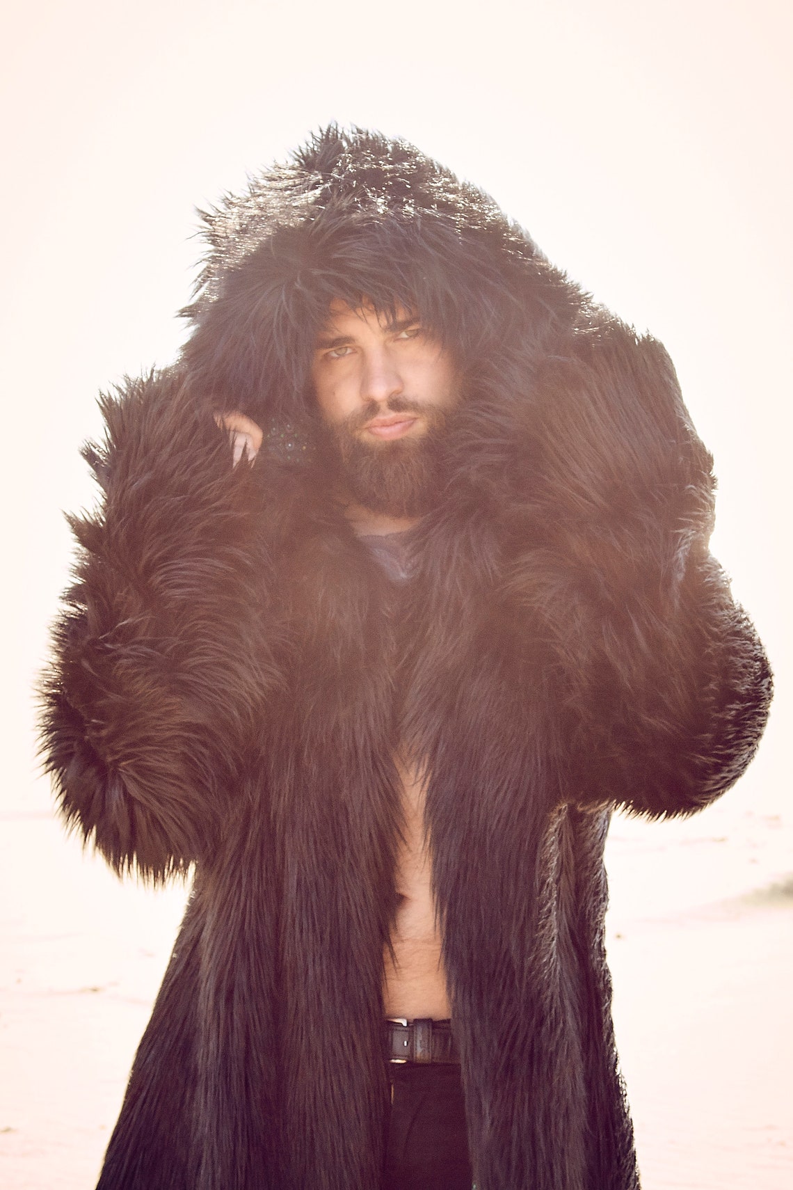 Black Wolf Fur Coat For Men Burning Man Reversible Playa Jacket Mens Festival Costume Faux Fur
