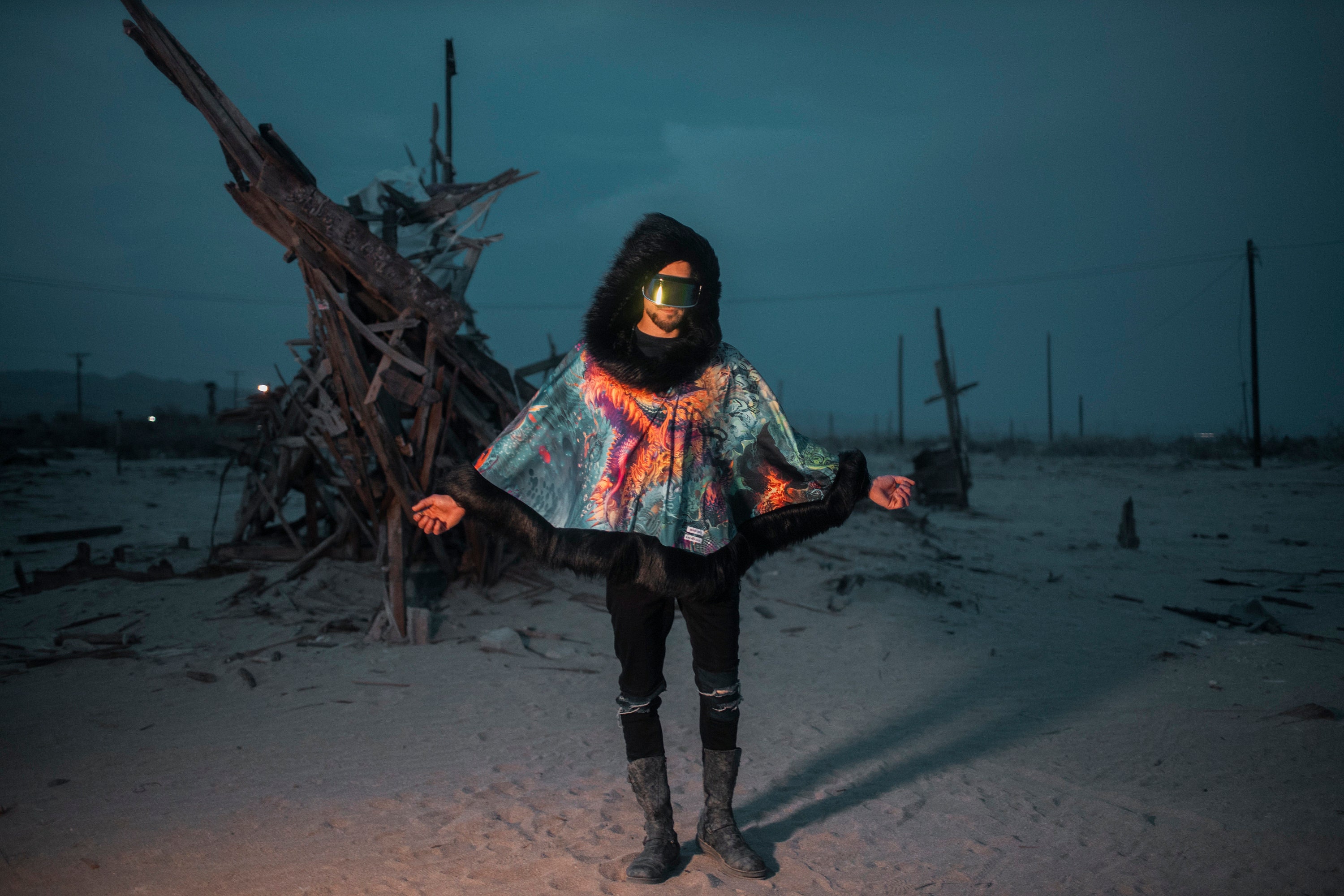 HUMMING DRAGON Faux Fur Poncho | Android Jones | Burning Man | Playa ...
