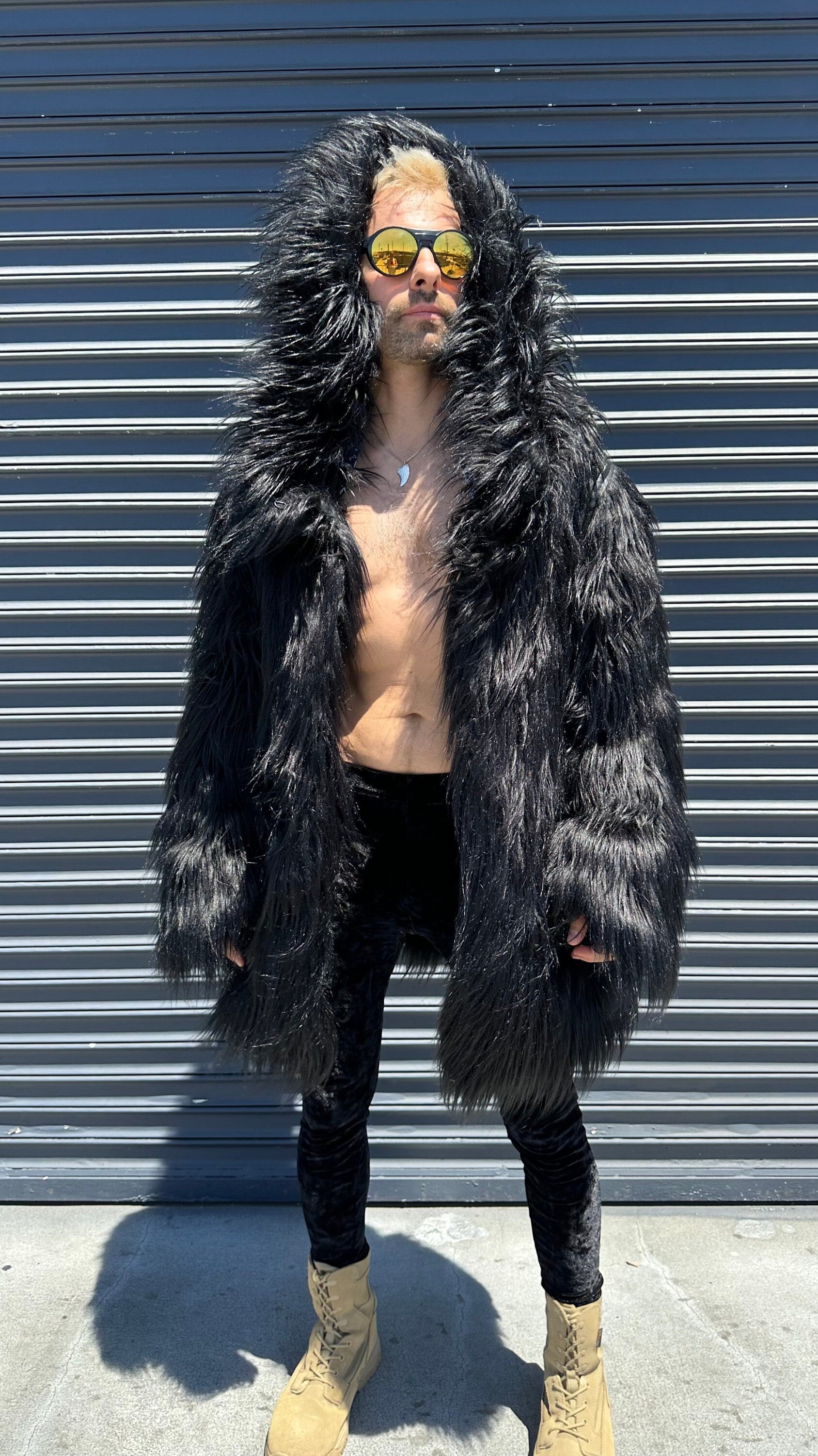 Black Wolf X Men's Faux Fur Coat | Custom Handmade | Reversible Tribal ...