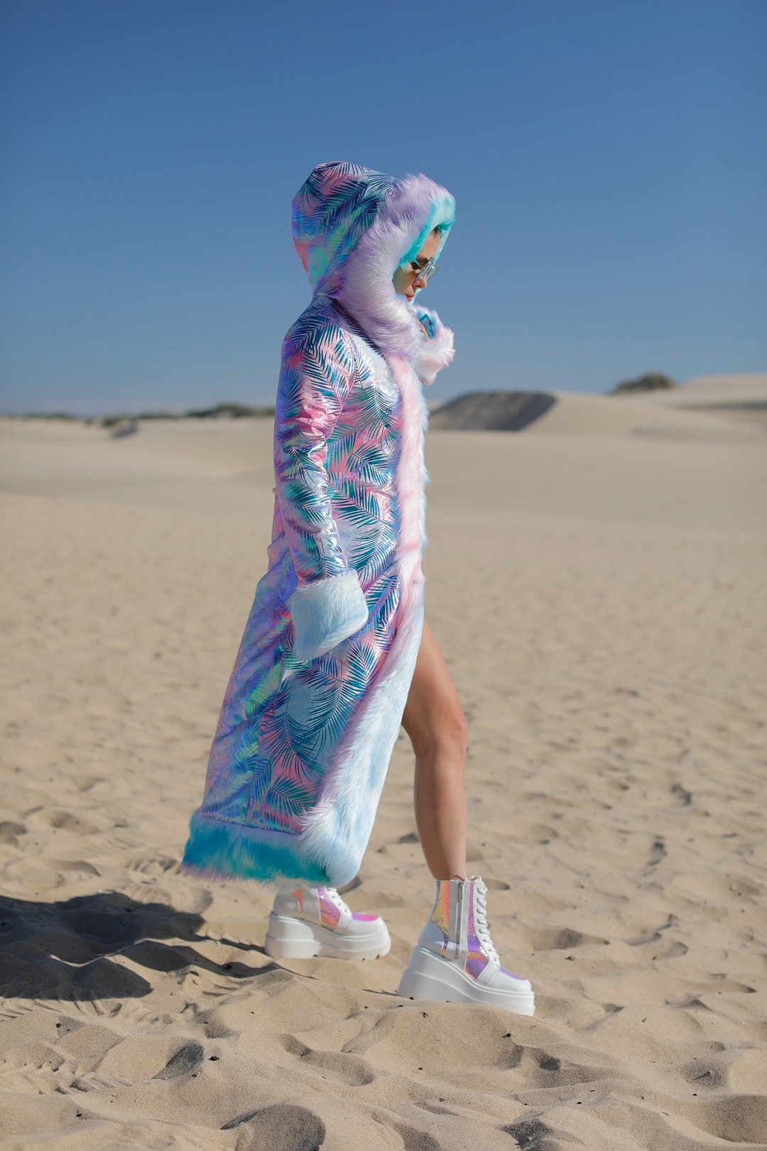 CARIBBEAN SUNRISE Faux Fur Coat With Reversible Holographic Lining ...