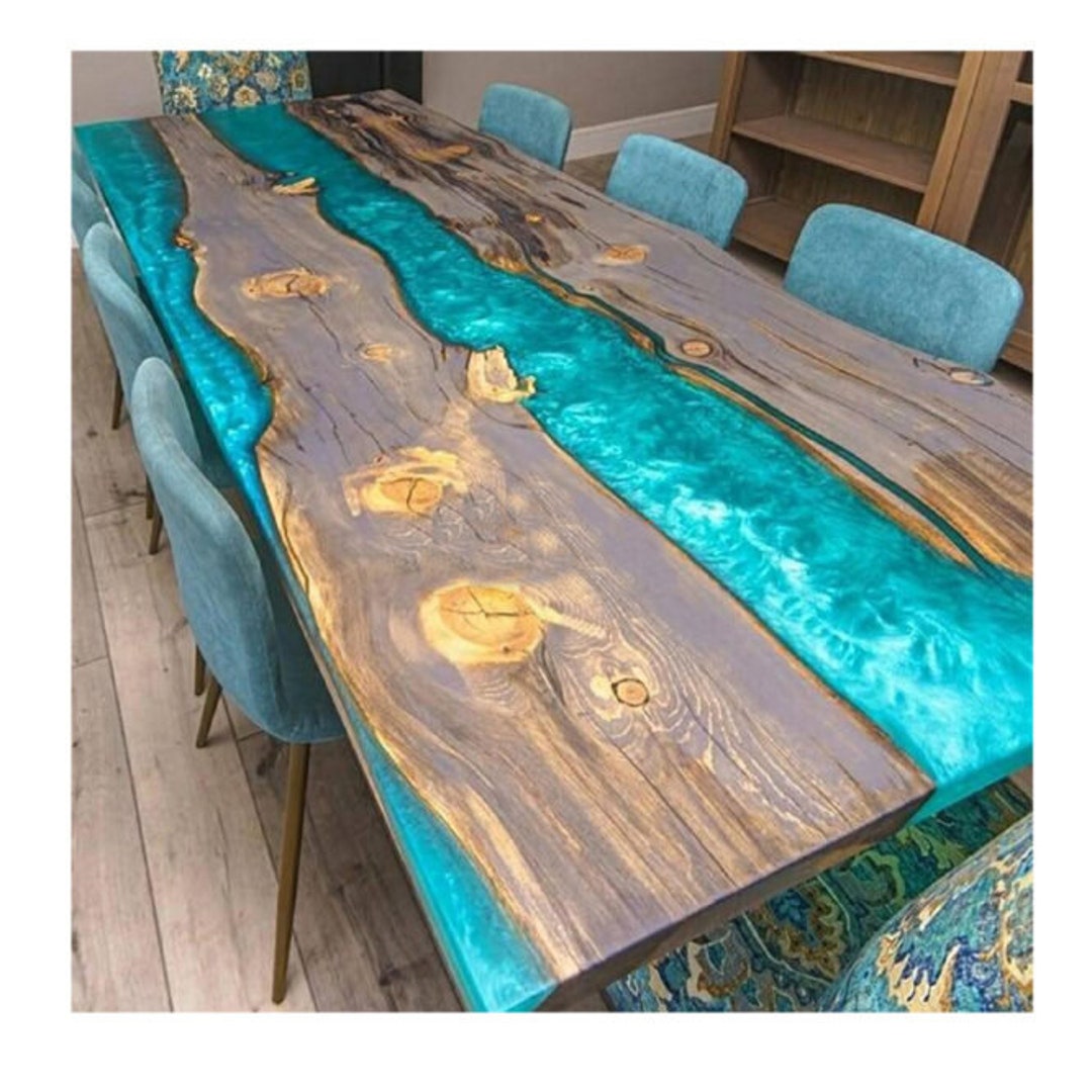 Rectangle Shape Dining Table Top With Blue Epoxy Living Room - Etsy