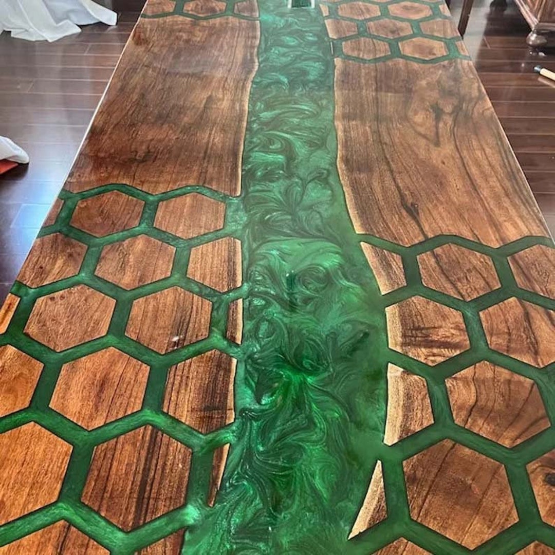 Elegant Green Epoxy Resin Table Honeycomb Design Dining Etsy